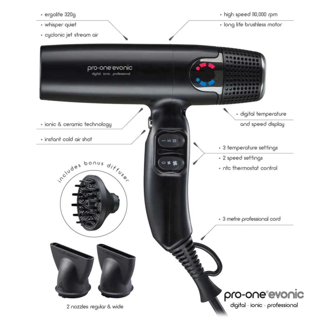 Pro-One Evonic Hairdryer - Black – Haircare Works